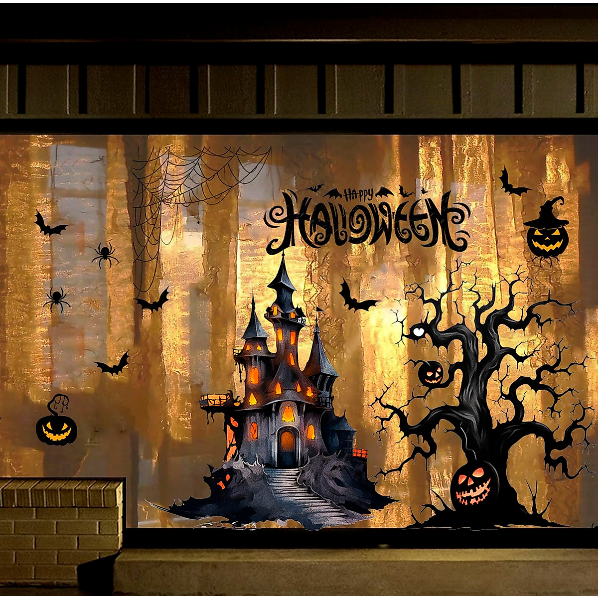 Large Halloween Wall Stickers Halloween Spooky Tree Wall Decal Peel and Stick Halloween Castle Bats Pumpkin Spider Web Wall Sticker for Window Bedroom Living Room Halloween Party Supplies Decorations
