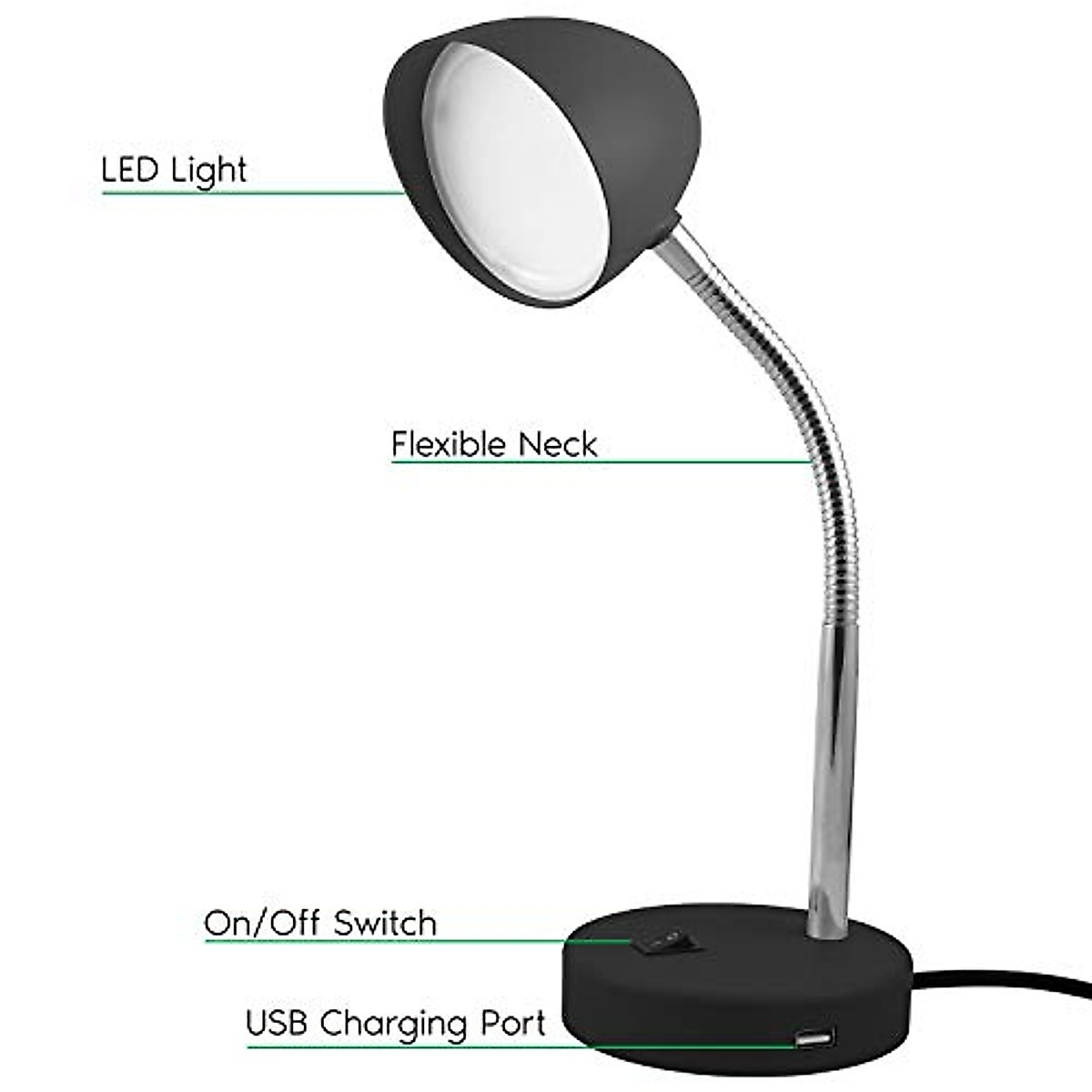 MaxLite LED Desk Lamp with USB Charging Port, Black Desk Lamp, Adjustable Neck, On/Off Switch, Modern Table Lamp for Reading, Work or School, Warm Gentle Light