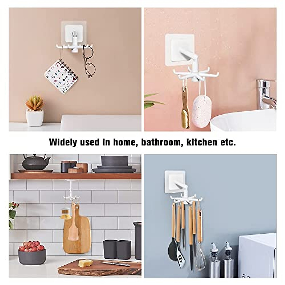 6 Pack Heavy Duty Under Cabinet Utensil Holder Hanger Hook, 360 Degrees Rotating Folding Hook Self Adhesive Hook Utensil Rack with 6 Hooks for Bathroom, Kitchen and Home （White）