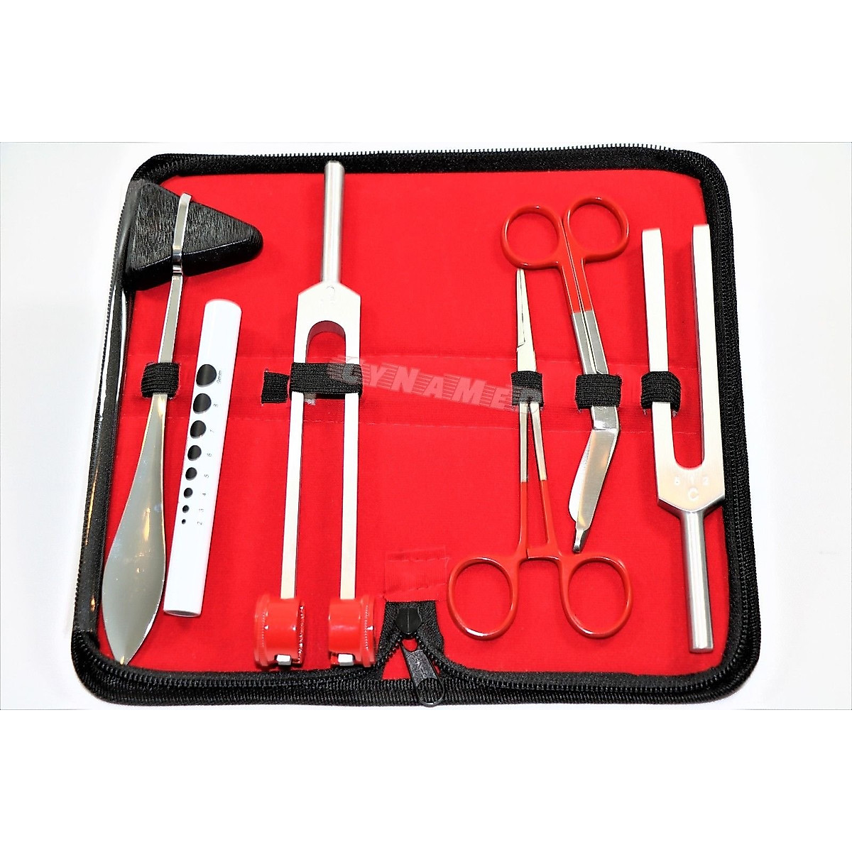 6 Pcs Reflex Percussion Taylor Hammer Penlight Tuning Fork C 256 C 512 Bandage Scissors 5.5 Inches Hemostat Forceps 5.5 Inches Cynamed