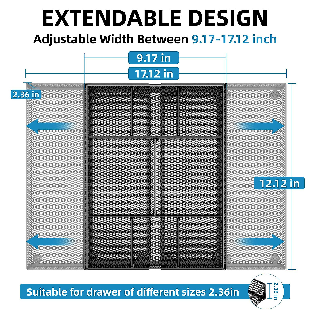 Marbrasse Expandable Desk Drawer Organizer, Mesh Drawer Organizer Tray with 10 Adjustable Compartments, Desk Organizers and Accessories, 5 Dividers Drawer for Office Supplies, Makeup & Vanity (Black)
