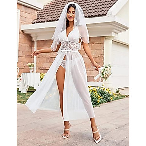 Avidlove Women Lace Babydoll Mesh Sleepwear Elegant Long Gown Sexy Halter Nightwear Split Maxi Lingerie Dress White L