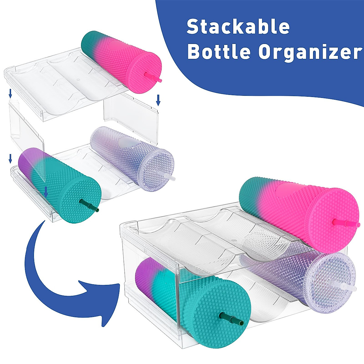 HOGARSWE Water Bottle Organizer, Storage Holder for Kitchen Organization,Fridge, Pantry,Cabinet,Countertop,Cupboard- Plastic Cup Rack Shelf for Wine，Drinks- 2 Layers,Each Rack Holds 3 Containers,Clear