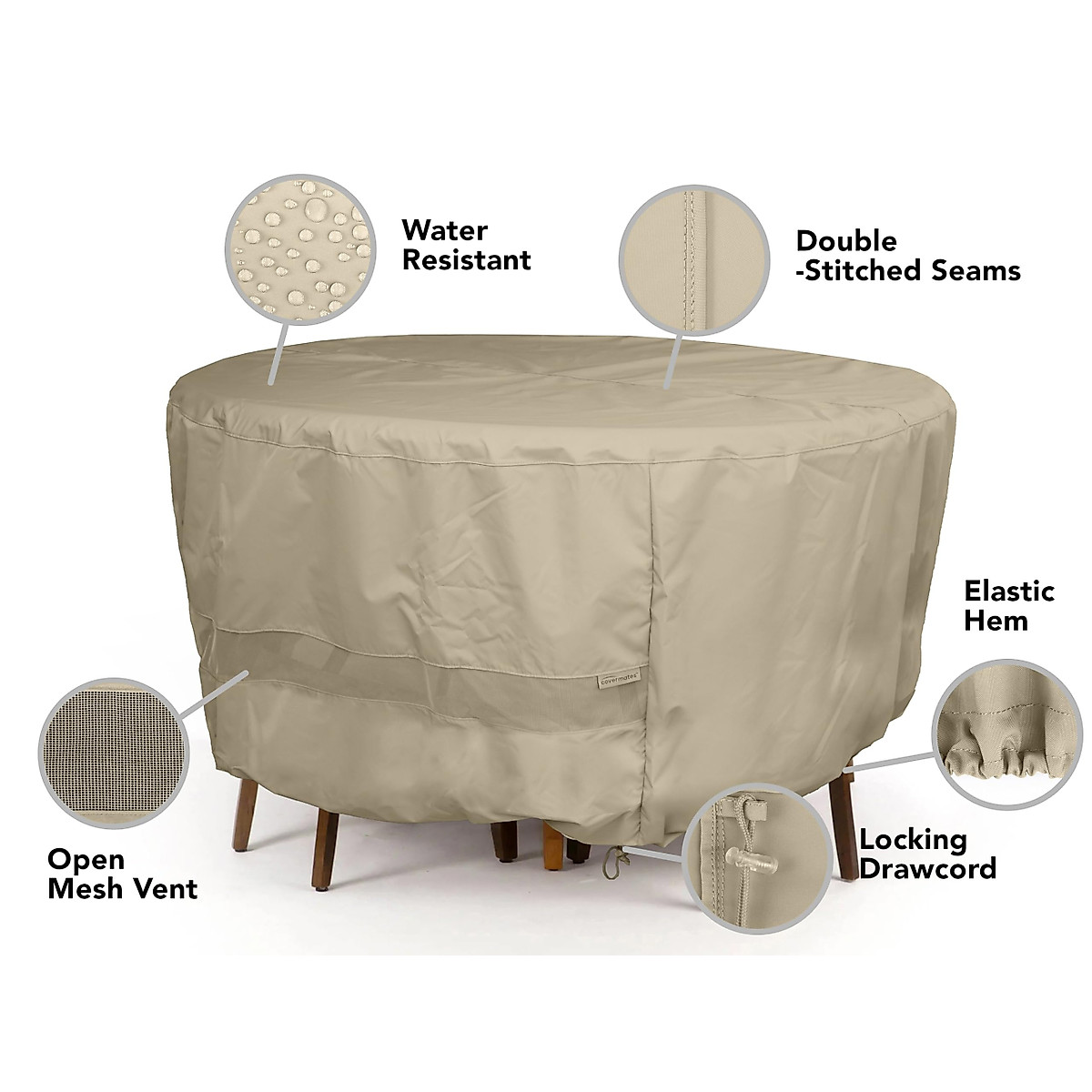Covermates Round Dining Table Cover - Water-Resistant Polyester, Mesh Ventilation, Patio Table Covers, 30DIAMETER x 25H, Khaki
