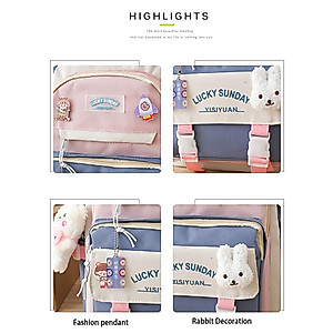 MWZING 5 Piece Backpack Set kawaii Backpack with Cute Bear Doll and Pins Canvas Backpack Large Capacity Aesthetic Shoulder bag