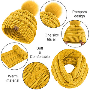 URATOT Winter Warm Sets Knitted Scarf Beanie Pompom Hat Touch Screen Gloves and Winter Ear Warmer Set for Men or Women