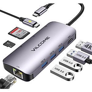 USB C Hub Multiport Adapter, Vilcome 8 in 1 USB C Hub with Gigabit Ethernet, 4K HDMI, 100W PD Charging, USB 3.0 5Gbps Data Ports, SD/TF Card Reader, for MacBook Pro/Air HP Dell Laptop