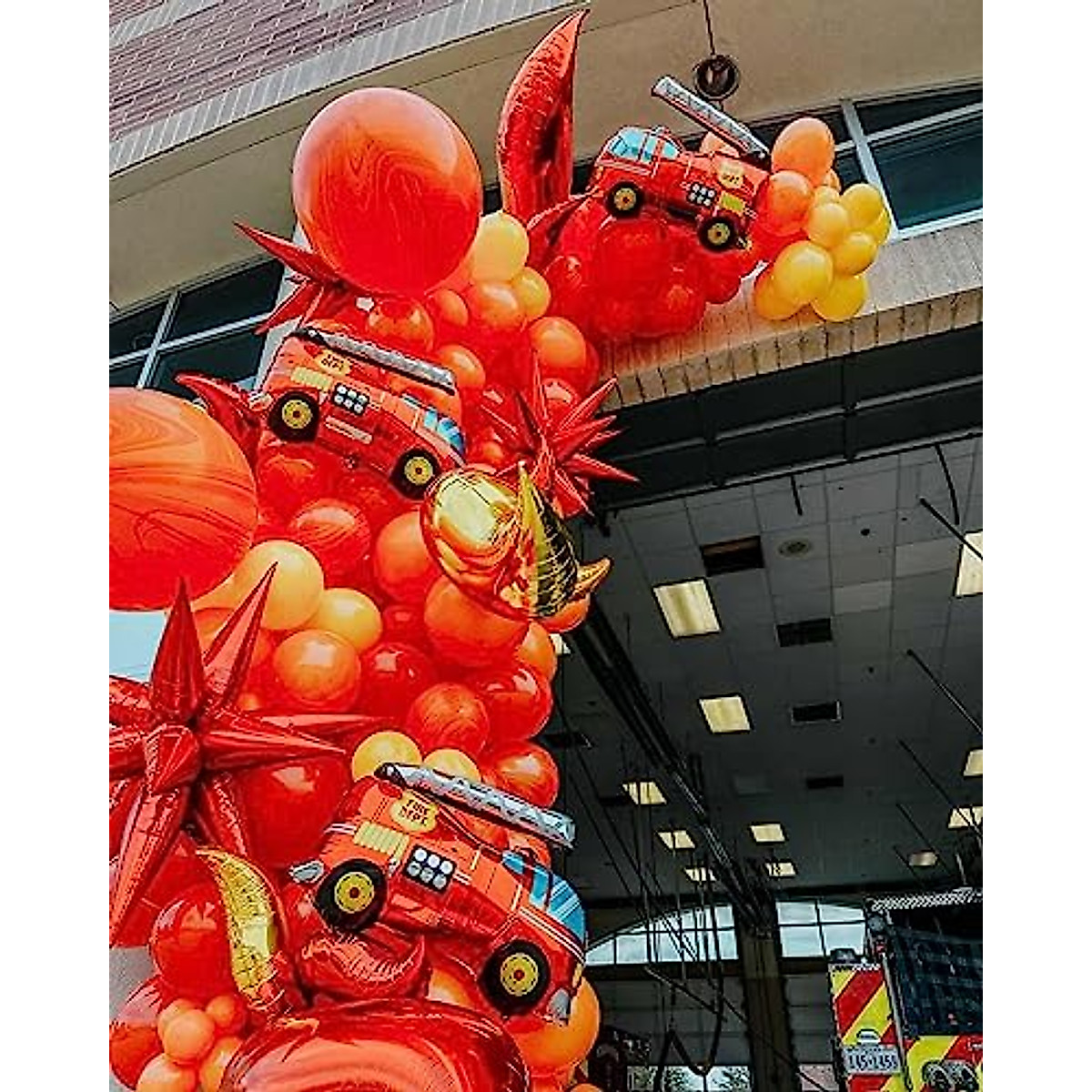 Enanal Fire Balloon Garland Arch Kit, 144pcs Red Yellow Chrome Gold Balloons with Fire Truck Foil Balloons for Fireman Party Supplies Kids Birthday Firefighter Rescue Themed Party Decoration (Fire)