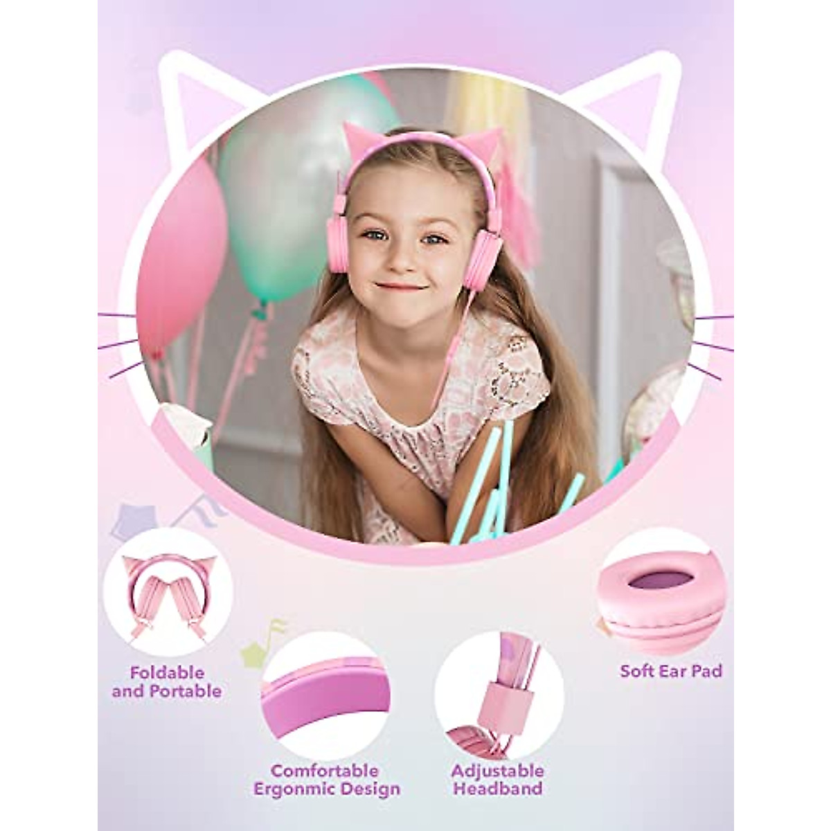 SIMJAR Cat Ear Kids Headphones with Microphone for School, Volume Limiter 85/94dB, Wired Girls Headphones with Foldable Design for Online Learning/Travel/Tablet/iPad (Pink)