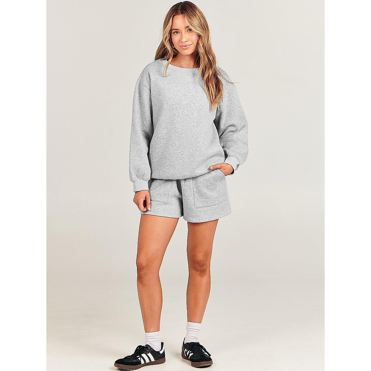 ANRABESS Women 2 Piece Outfits Sweat Shorts Sets 2025 Oversized Casual Lounge Matching Set Sweatsuit Tracksuit Clothes Light Grey Small