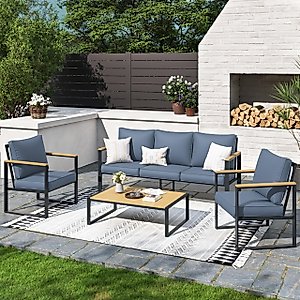 HLNPTN 4 Pieces Outdoor Patio Furniture Set, Modern Outdoor Furniture Sectional Sofa 5 Seat Deep Seating Group, Metal Patio Conversation Sets with Table, Thick & Washable Cushions, Blue