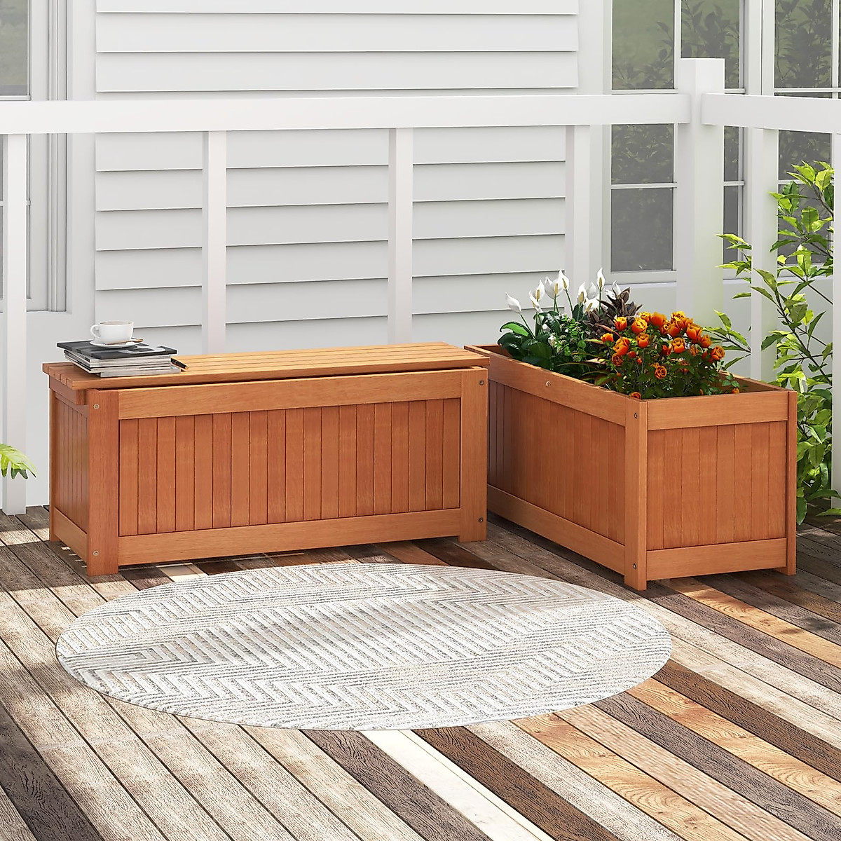 Giantex 2-in-1 Outdoor Bench, Wood Raised Garden Bed with Open Base, Teak Oil Finish, Rectangular Deep Planter Boxes for Flowers Fruit Vegetable, Bench Seat for Porch Yard Balcony Lawn