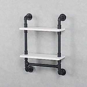 Industrial Pipe Shelving Bathroom Shelves Wall Mounted, 2-Layer 24in Rustic Wood Shelf with Towel Bar,Farmhouse Towel Rack Metal Floating Shelves Towel Holder (TypeA, White)