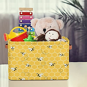 Yellow Bee Basket Cube Storage Bins Honeycomb Shelves Bee Decor for Bedroom Toys Stuffed Animal Waterproof Laundry Box Bin Basket with Handle for Home Closet Shelf Office Bedroom Gift-1PCS