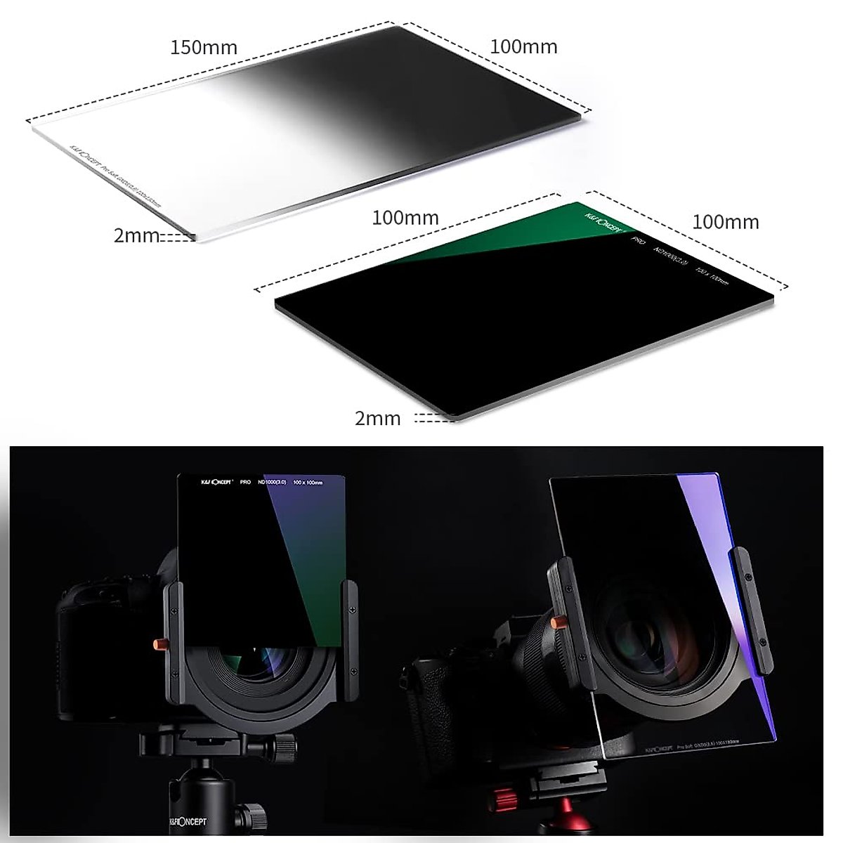 K&F Concept 100mm Square ND1000 (10 Stop) Filter +150mm Soft GND8 Filter (3 stops) + Metal Filter Holder + 8 x Filter Adapter Rings Square ND Filter Kit for Camera Lens