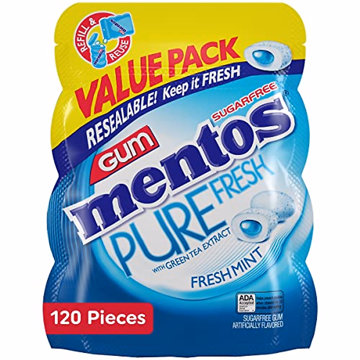 Mentos Pure Fresh Sugar-Free Chewing Gum with Xylitol, Fresh Mint, 120 Piece Bulk Resealable Bag (Pack of 1)