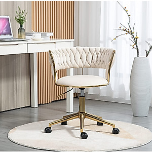 Goujxcy Velvet Swivel Chair, Velvet Desk Chair with Gold Base, Cute Makeup Vanity Chair for Women Girls, Woven Back Adjustable Armchair Task Computer Chair for Home Office Bedroom Living Room, Beige