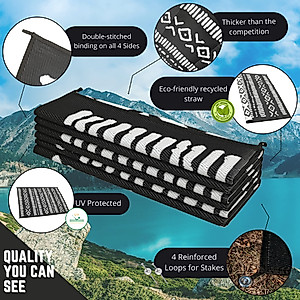 Glamplife Recycled Plastic Rug, 9x12 Rv mat, Black and White Camping Rugs for Outside Your RV, Large Indoor Outdoor Rugs for Awnings, Patio Rug, Outdoor Carpet Waterproof