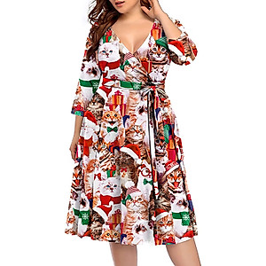 Christmas Dresses Women Plus Size Cat Print Meowy Cute Holiday Casual Long Sleeve Xmas Ugly Wrap Fall 2022 Midi Dress