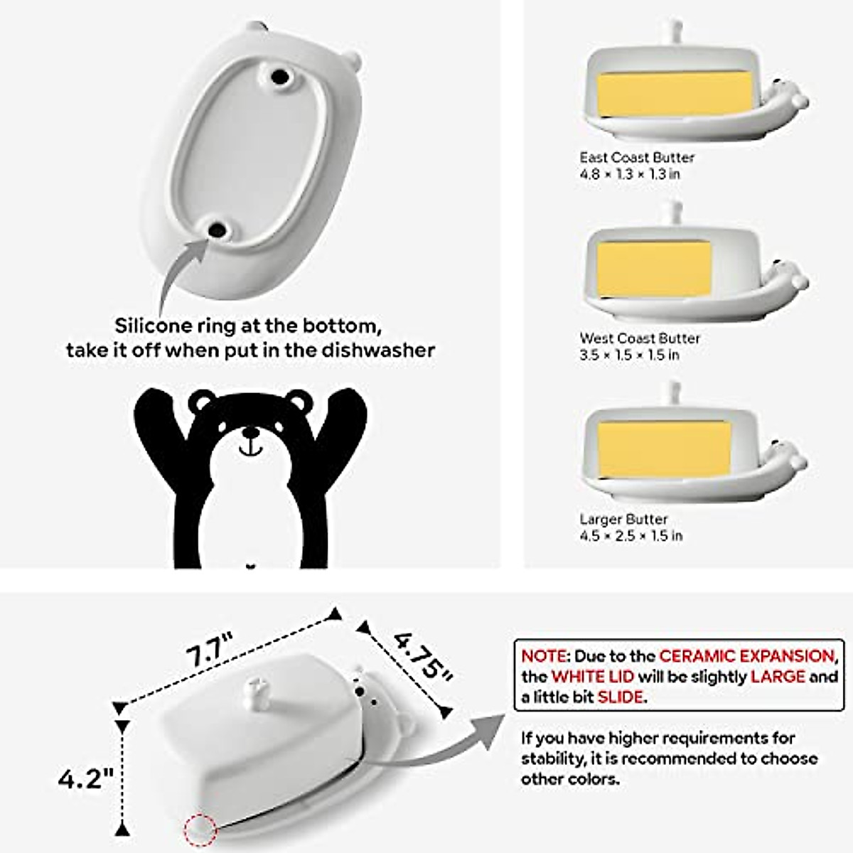 Toptier Butter Dish with Lid, Cute Bear Butter Dish , Porcelain Butter Keeper, Butter Holder with Handle Cover, Butter Container Perfect for East & West Coast Butter, White