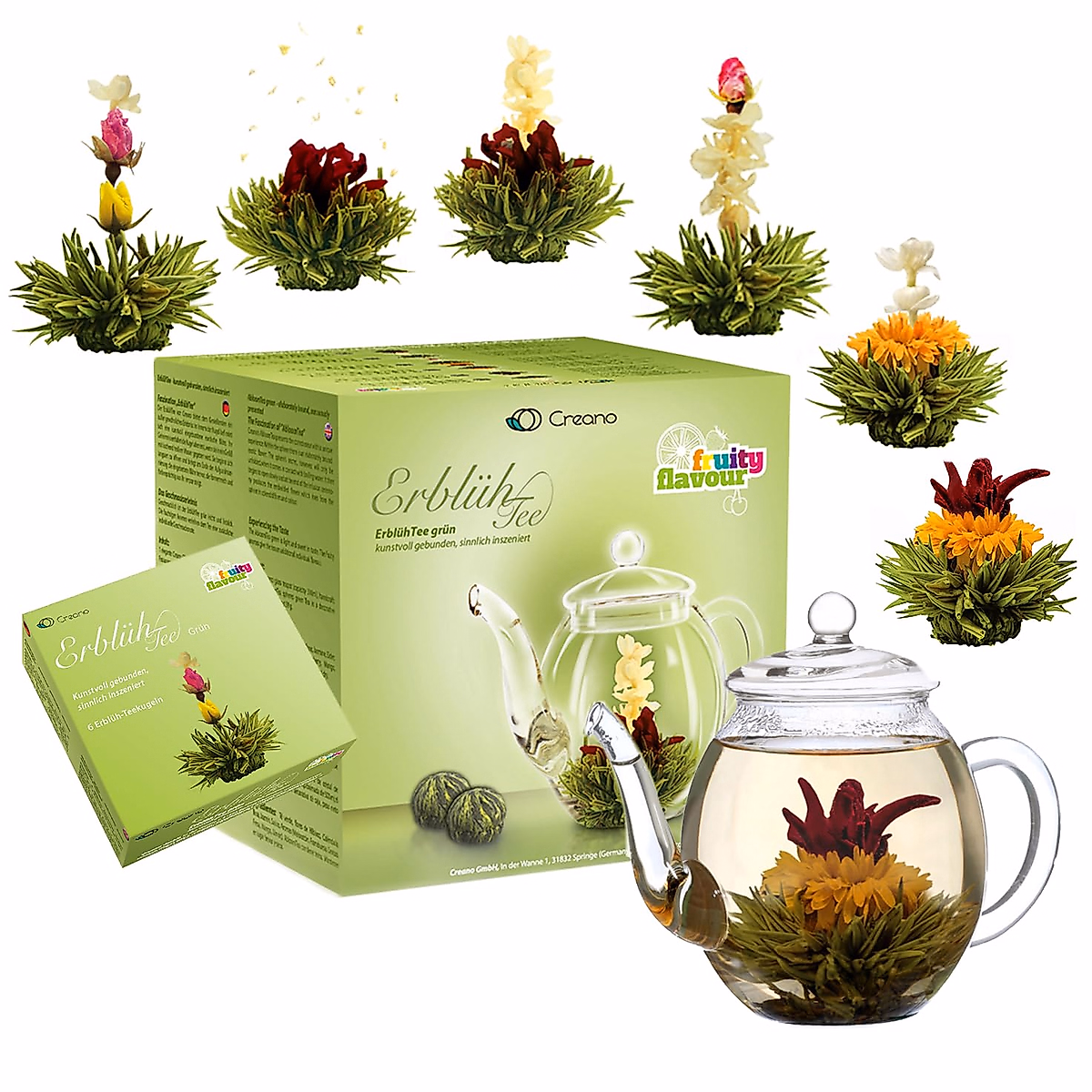 Creano Blooming Tea Gift Set with Glass Teapot 17oz (500ml) - Green Tea Fruity Flavoured Tea Flowers in 6 Varieties - Flowering Tea Gift for Easter