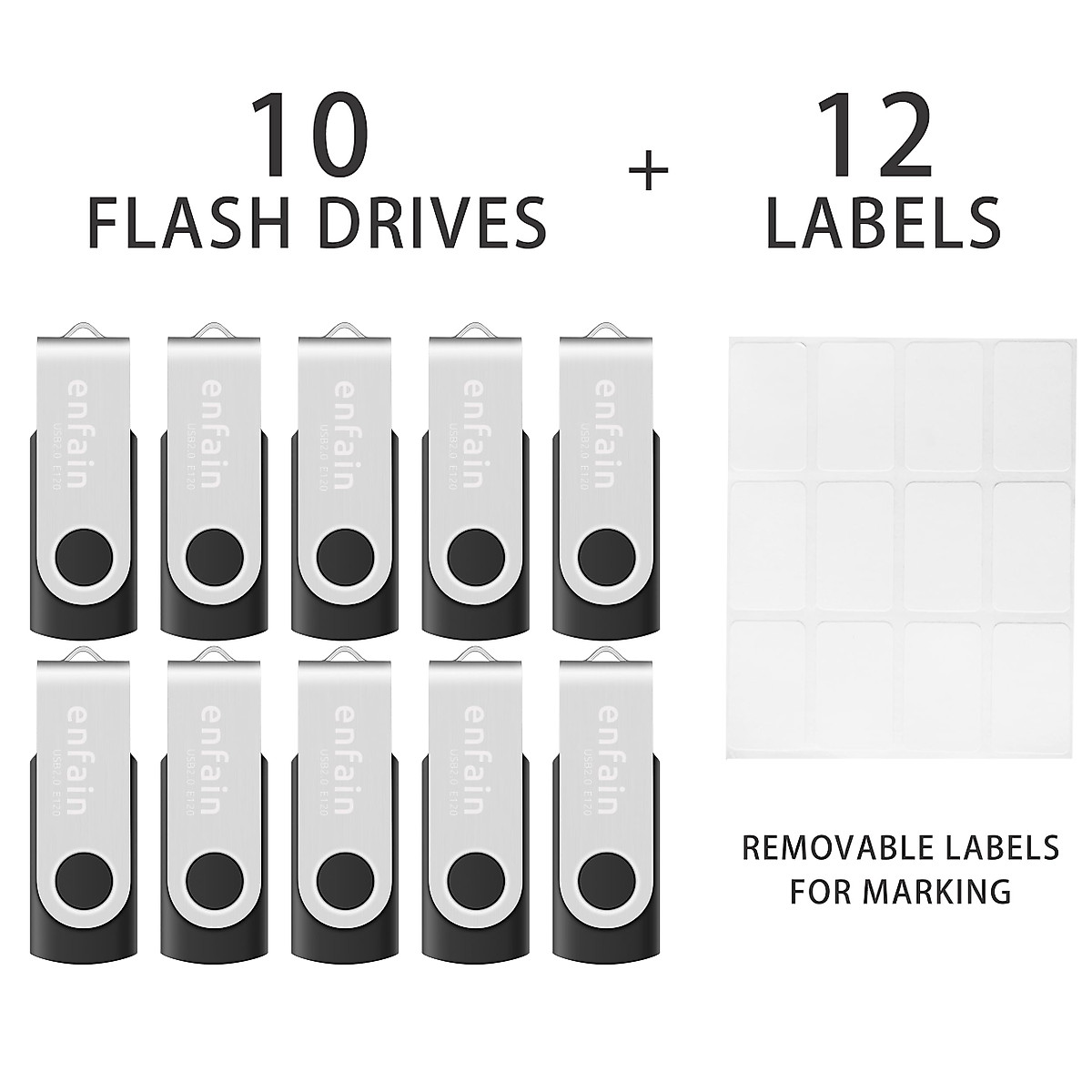10-Pack Enfain 16GB USB 2.0 Swivel Flash Drives: Shareable Data Storage for Home & Office Use (Black)