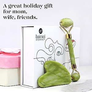 BAIMEI Jade Roller & Gua Sha Facial Tools Face Roller and Gua Sha Set for Skin Care Routine and Puffiness - Green