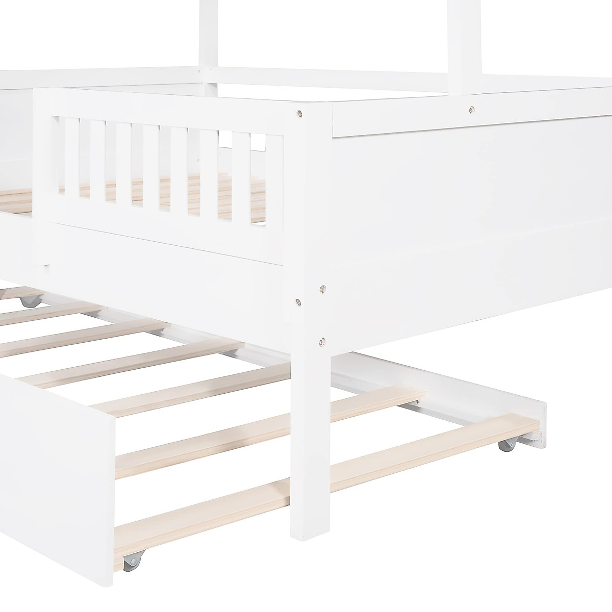 MERITLINE Full House Bed with Trundle, Wooden Platform Bed Frame with Roof, for Kids Teens Girls Boys - White
