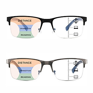 Multifocus Reading Glasses Men Progressive Multifocal Blue Light Computer Reader Half Frame Metal Extra Wide Eyeglasses No Line Bifocals Large Designer Cheaters Transition Square Eyewear 2packs 1.50