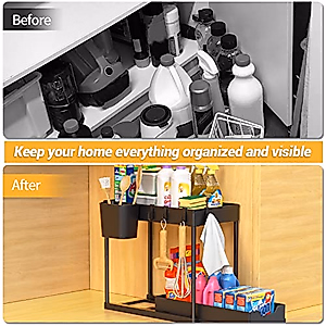 2PCS Under Sink Organizers and Storage, 2 Tier Under Sink Organizer with Sliding Drawers & Hooks & Hanging Cup, Multi-purpose Bathroom Storage Cabinet Organizer Shelf for Pantry, Bathroom, Kitchen