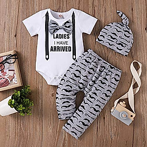 Baby Boy Clothes Stuff Infant Summer 3 Piece Outfits Newborn Cute Letter Printed Romper Short Sleeve + Pants + Hat Funny Letter Printed White Grey Mustache 70cm