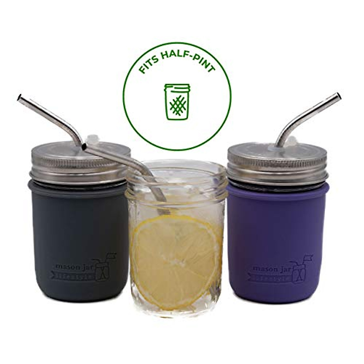 Short Thin Bent Stainless Steel Straws for Cocktail Glasses, Small Cups, or Half Pint Mason Jars (4 Pack + Cleaning Brush + Cloth Bag)