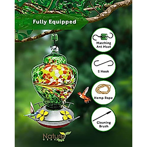 Hummingbird Feeder for Hanging Outside - Stunning Hand Paint Blown Glass - All Weather Guard and Ant and Bee Proof - New Modern Perky Sealer for No Leak Parts - Free Extra Accessories (Emerald Green)