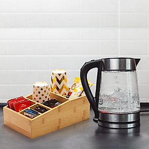 Dicunoy 2 Pack Bamboo Tea Bags Organizer, Wood Coffee Supplies Holder Box, Coffee Condiment Station Storage with 5 Compartments for Sugar Packet, Stirrer, Creamer Singles, Sweetener