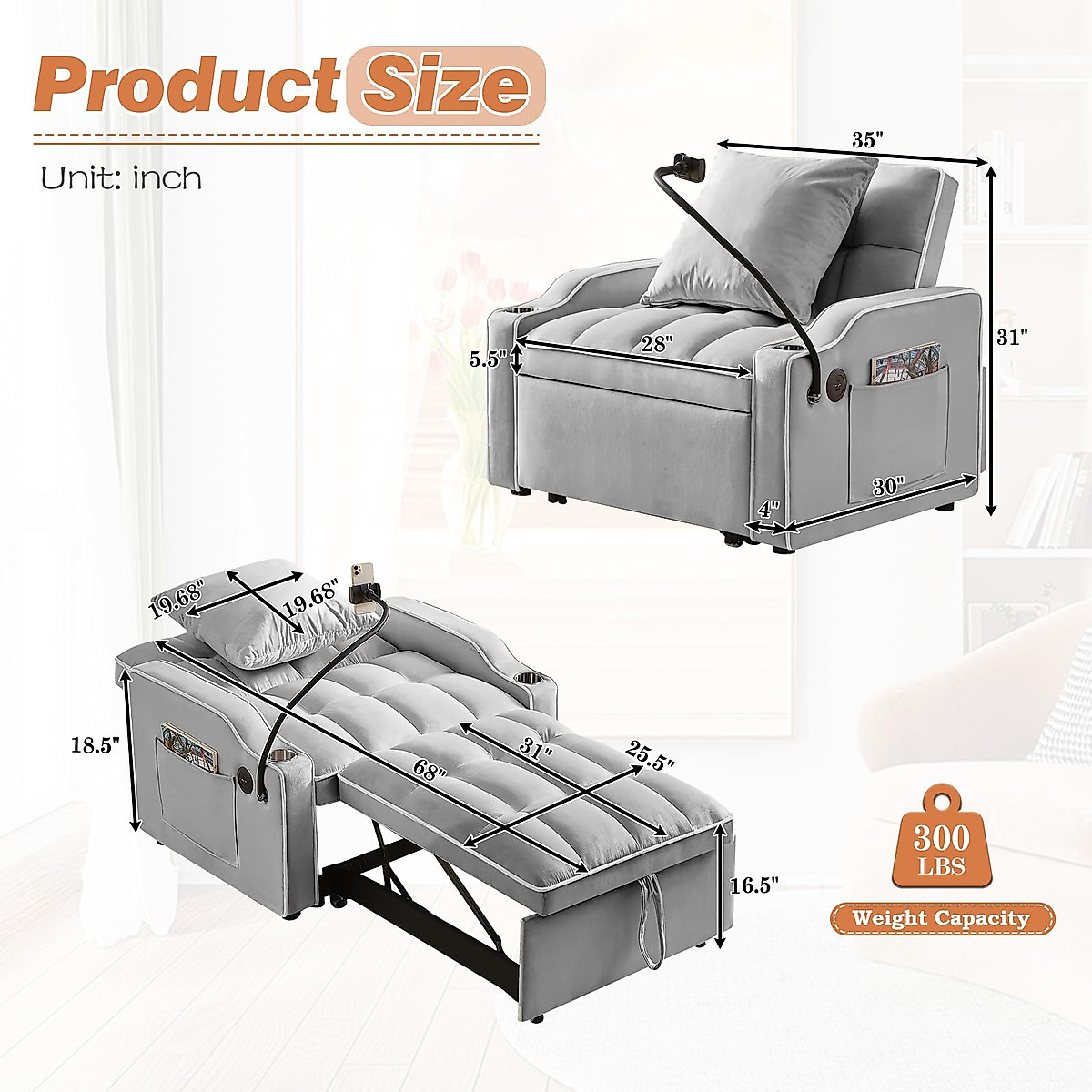 Sleeper Sofa Chair Bed with Charging Ports & Phone Holder & Cup Holder, Modern Velvet 3 in 1 Convertible Pull Out Sofa Bed, Single Chair Bed for Small Spaces Apartment, Grey