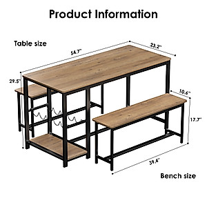 BOTLOG 3-Piece Kitchen Table for 4, 54.7" Dining Table Set with 2 Benches, Dining Room Table with MDF Wood Board, Storage Shelf, Wine and Glass Rack, Industrial (Brown)