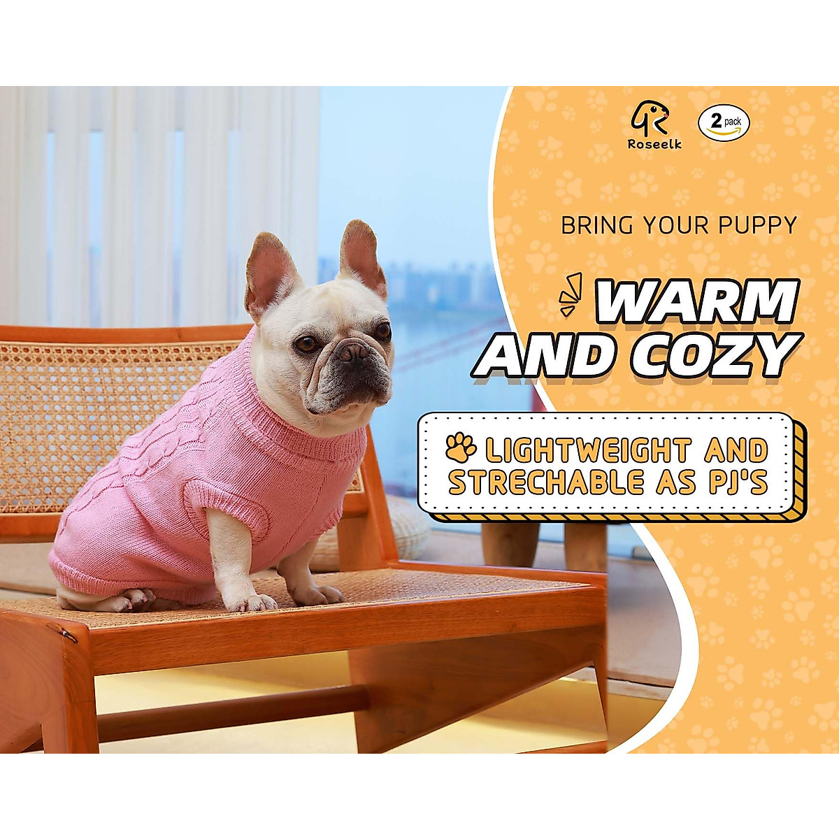 Roseelk 2 Pack Dog Sweaters for Small Dogs - Puppy Medium Warm Clothes in Winter, Turtleneck Pullover Design for Boy Girl Pet, Doggie, Cat, Kitten Chihuahua Bulldog Pug Beagles (S, Pink, Beige)