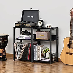 LELELINKY Black End Table, Small Side Table with Metal Frame,Modern Record Player Stand with Storage Shelf, Wood 3 Tier Sofa Bedside Tables, Narrow Nightstand for Living Room Bedroom Office