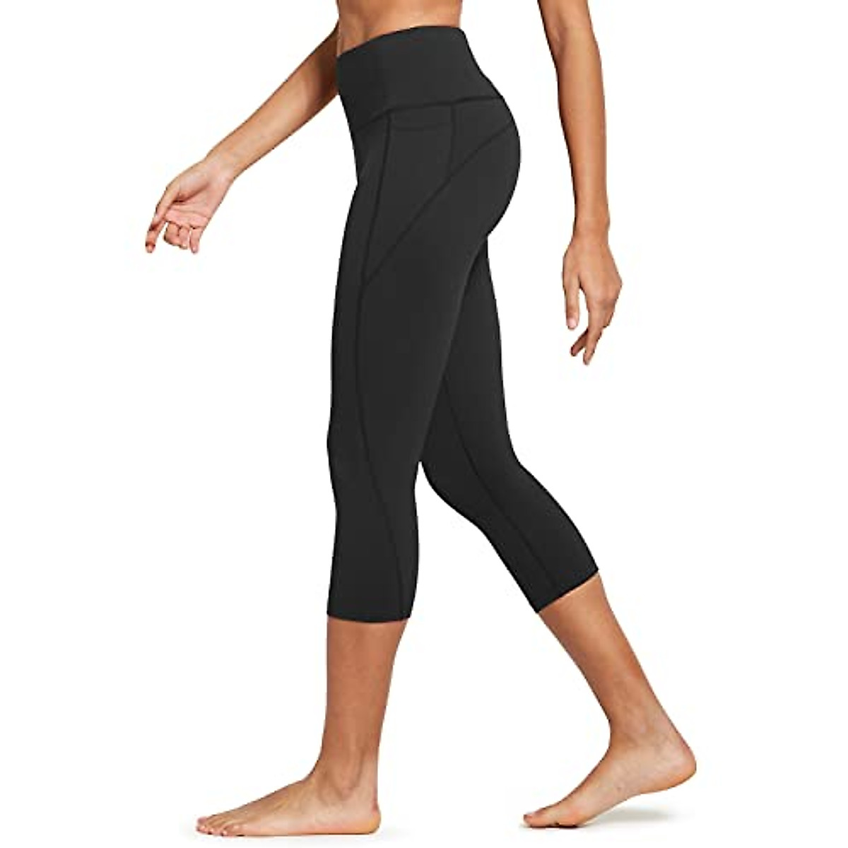 BALEAF Women's Capri Leggings Workout Yoga Running Capris High Waisted Pull On Cropped Leggings with Pockets Black M
