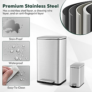 Goplus Step Trash Can Combo Set, 10.6 Gal and 1.6 Gal Stainless Steel Waste Bin with Detachable Inner Buckets, Stay-Open & Soft-Closing Lids, 2 Pack Garbage Can for Kitchen, Bathroom & Office