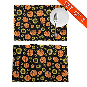 Thanksgiving Pumpkins Sunflower Leaf Placemats Set of 6,Table Mats Heat-Resistant Washable Non-Slip Place Mats for Family Dining Kitchen Home Wedding Holiday Party Decorations 12 X 18 Inch