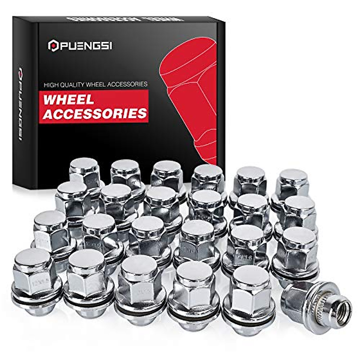 PUENGSI 24Pcs 12mmx1.5 Wheel Lug Nuts, Mag Seat Chrome M12x1.5 Lug Nuts, 1.46" Tall 13/16”Hex Closed End Lug Nuts with Washer Compatible for Toyota Camry Sienna Lexus Vehicles