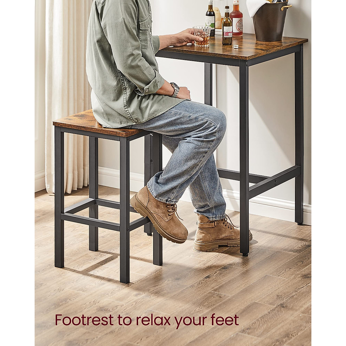 VASAGLE Bar Table and Chairs Set, Square Bar Table with 2 Bar Stools, Dining Pub Bar Table Set for 2, Space Saving for Kitchen Breakfast, Living Room, Party Room, Rustic Brown and Black