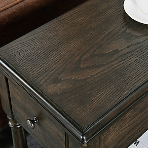 LEEMTORIG Narrow End Table with Drawer, Solid Wood 2 Tier End Side Table with Storage Shelves, Slim Nightstand for Small Spaces, Living Room, Bedroom, Easy Assembly, Rustic Black BBJ-004-BK