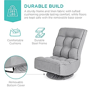 Best Choice Products Reclining Folding Floor Gaming Chair for Home, Office, Lounging, Reading w/ 360-Degree Swivel, 4 Adjustable Positions, Tufted Cushions - Gray