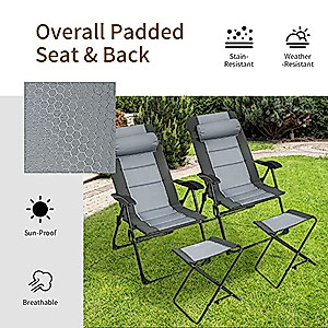 Giantex Set of 2 Patio Dining Chairs with Footstools, Folding Recliner Chairs with 7-Position Adjustable Backrest, Headrest, Mesh Bag, Outdoor Portable Lounge Chairs for Poolside Backyard, Grey
