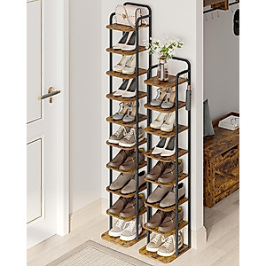 Hzuaneri Vertical Shoe Rack, Shoe Shelves, Wood Shoe Organizer for Closet, Entryway, Shoe Tower for Small Spaces, Free Standing, Adjustable, with 2 Hooks, 10 Tier Rustic Brown SR11201B