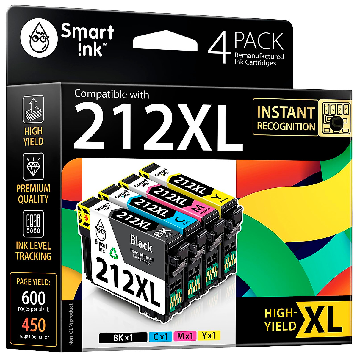 Smart Ink Remanufactured Ink Cartridge Replacement for Epson 212 Ink Cartridges 212XL T212 XL to use with Workforce WF-2830 WF-2850 XP-4100 XP-4105 (Black & Cyan/Magenta/Yellow 4 Combo Pack)
