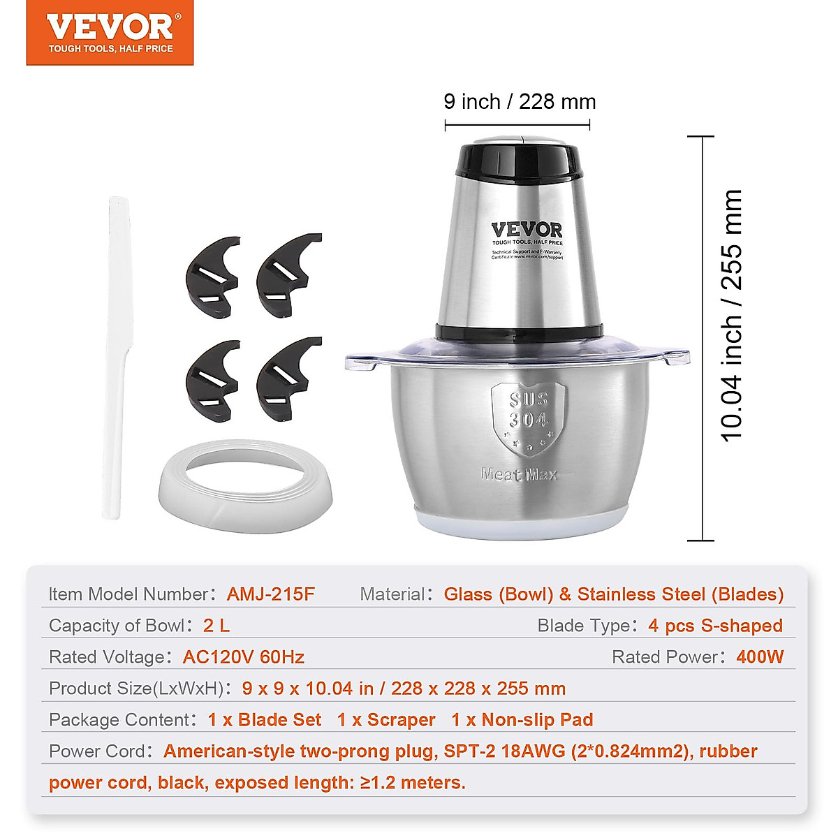 VEVOR Food Processor, Mini Electric Chopper 400W, 2 Speeds Electric Meat Grinder, Stainless Steel Meat Blender, for Baby Food, Meat, Onion, Vegetables, 8 Cup