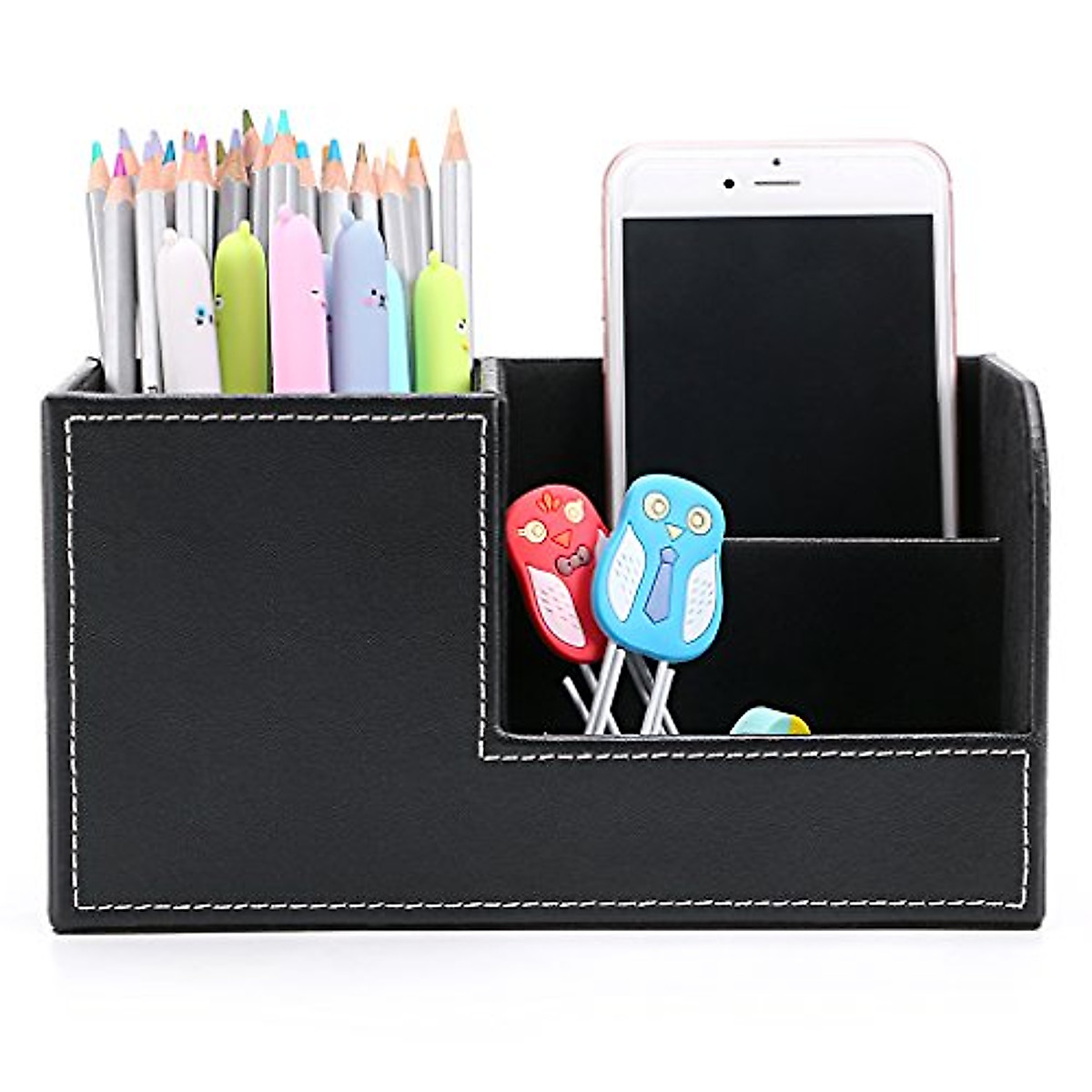 BTSKY PU Leather Desk Pen Pencil Holder- Multi-functional Desktop Organizer Storage Box Business Card Pen/Pencil Mobile Phone Remote Control Stationery Holder Home Office Table Top Organization Decor(black)